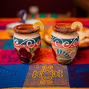 Cantaritos de Barro Jarritos Mexicanos - Set of 2 Authentic Mexican Glazed Clay Mugs 14 Oz For Drink Margaritas & Tequila Special For Taco Tuesda & Mexican Parties (Navy Blue Rim Flowers Desing)