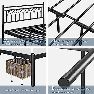 Yaheetech Queen Bed Frame, Metal Platform Bed with Modern Style Petal Accented Headboard, Mattress Foundation with Spacious Underbed Storage, No Box Spring Needed, Easy Assembly, Black Queen Bed