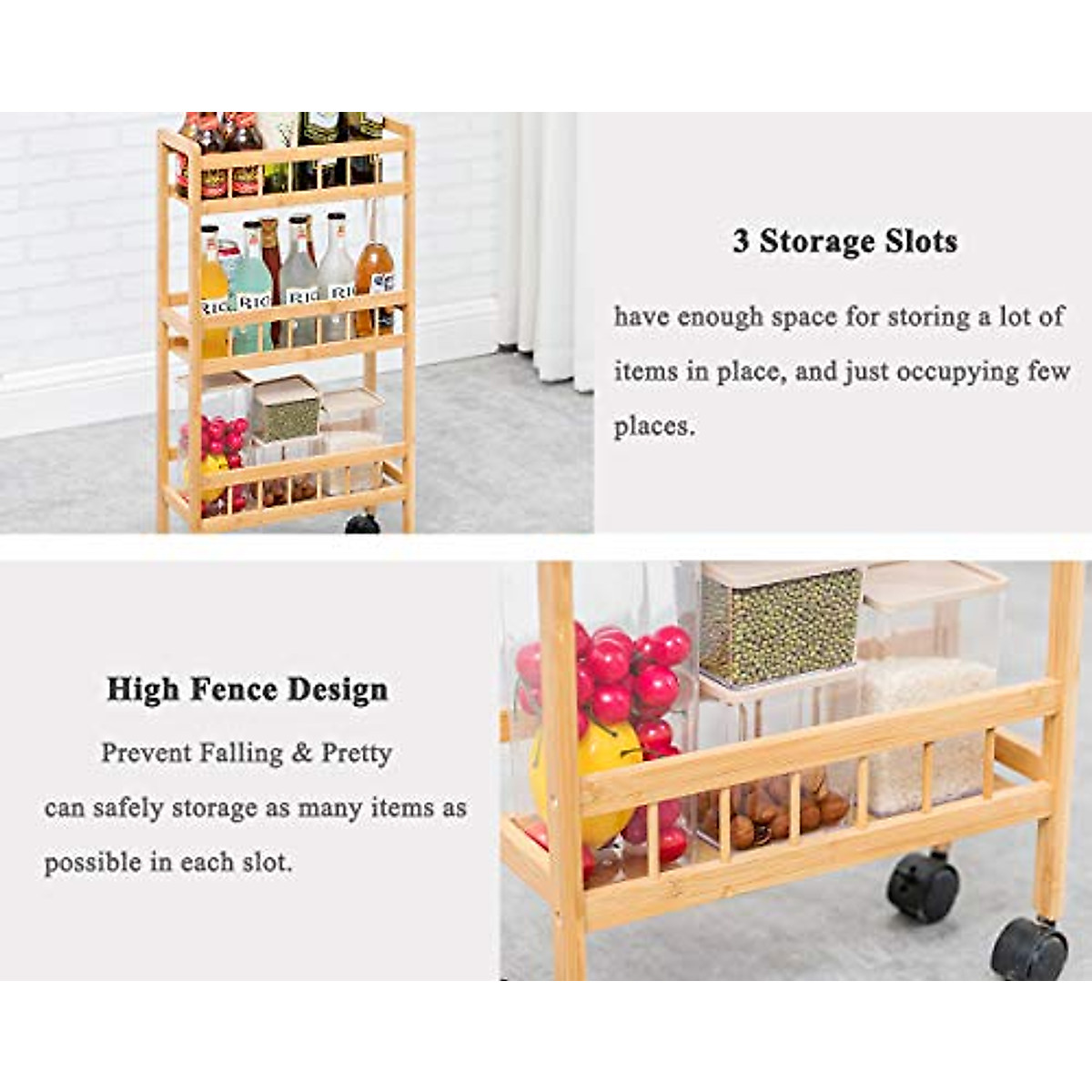 COPREE Bamboo 3-Tier Kitchen Removable Storage Cart, Slim Slide Out Rolling Pantry Shelf