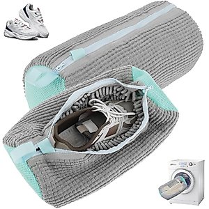 2Pcs Shoe Washing Bag for Washing Machine, Fluffy Fibers Keep 360° Wrap-around Cleaning, Reusable Wash Bag, Laundry Bag Shoes with Zipper, Mesh Shoes Laundry Bag for Sneakers (Grey)
