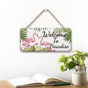 SUPERDANT 2Pcs Wood Door Hanging Sign Plaque Welcome to Paradise Flamingo Hanging Decorative Wood Welcome Sign for Home Front Door Decoration Farmhouse Porch Garden Yard 30x15cm