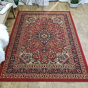 Rubber Backed Area Rug, 39 x 58 inch, Persian Medallion Carmine Red, Non Slip, Kitchen Rugs and Mats