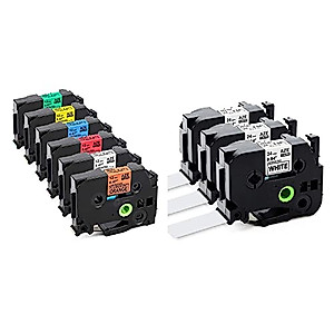 Replacement for Brother Ptouch 12mm TZe Label Tape Multicolor Bundle with Compatible 24mm Label Tapes TZe-251, Black on White/Orange/Red/Blue/Yellow/Green (Total 9-Pack)