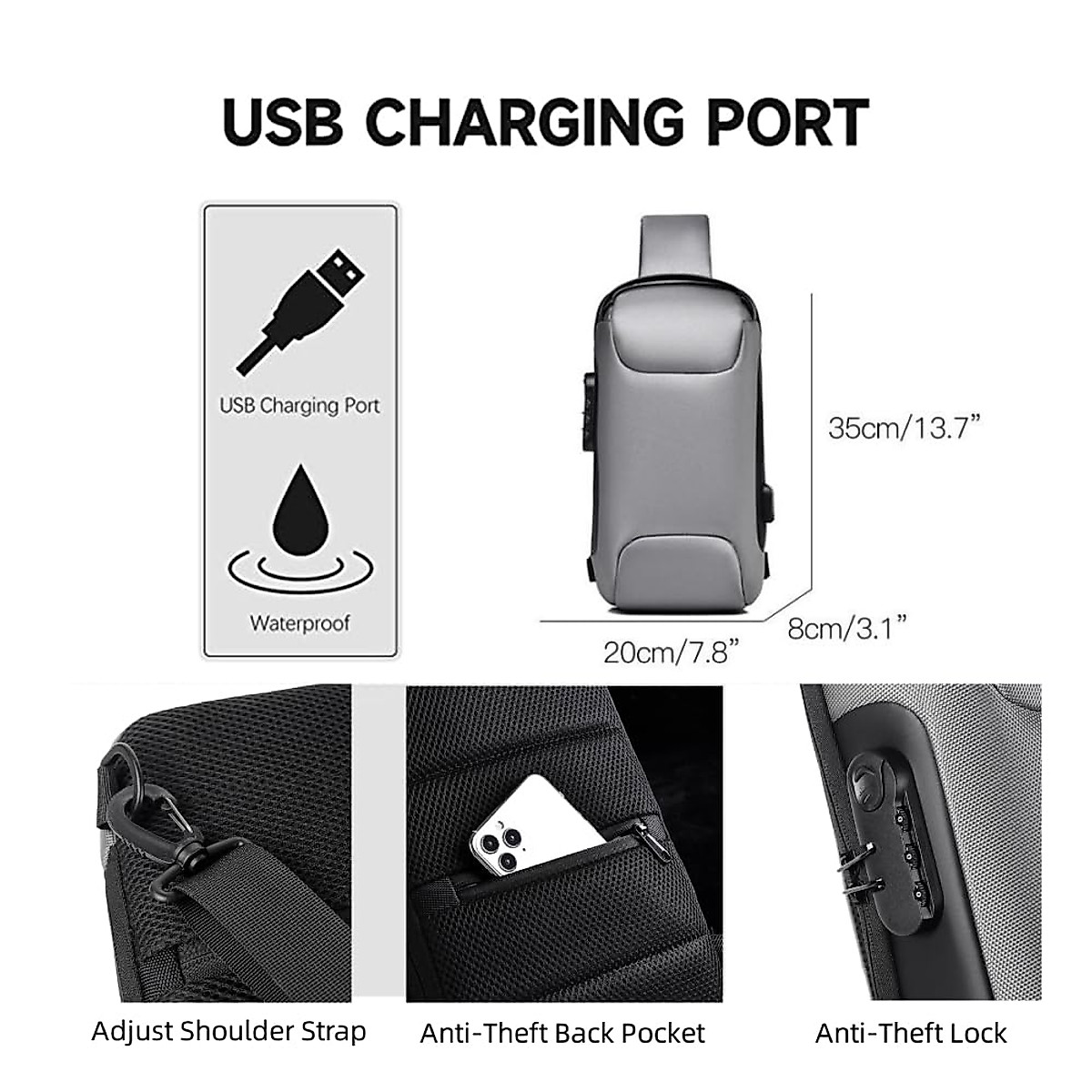 Glivpny Waterproof travel Crossbody Bag for Men,Anti Theft Sling Bag with USB Charger Port,Shoulder Hiking Chest Bags for Outdoor(Black-9530)