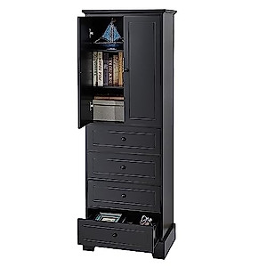 HESIEU Freestanding Storage Cabinet with 2 Doors and 4 Drawers Internal Adjustable Shelves Anti-Tip Fittings Round Metal Handle for Bathroom, Bedroom and Dining Room (Black)