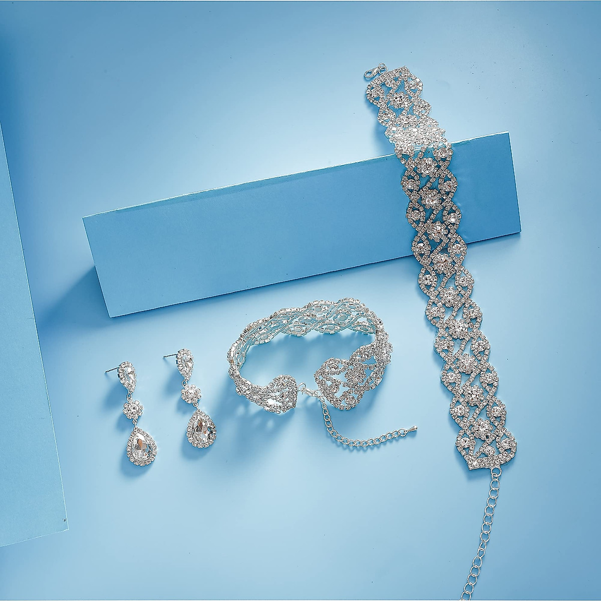 Paxuan Women Rhinestone Crystal Wedding Bridal Choker Necklace Earrings Bracelet Jewelry Sets