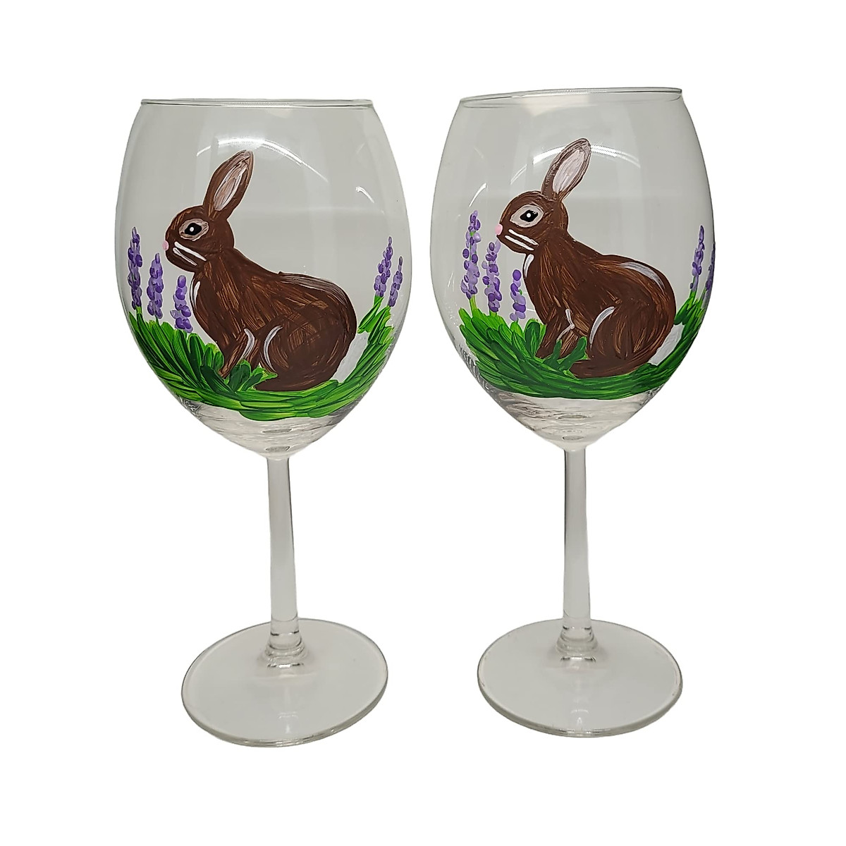 Bunny Rabbit Hand Painted Stemmed Wine Glasses Set of 2