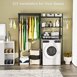 Ulif over Washer and Dryer Shelves, Laundry Room Storage Rack, Laundry Space Saver with Wire Basket and 2 Hooks, 57.8" L x 13.4" D x 76.7" H, Black