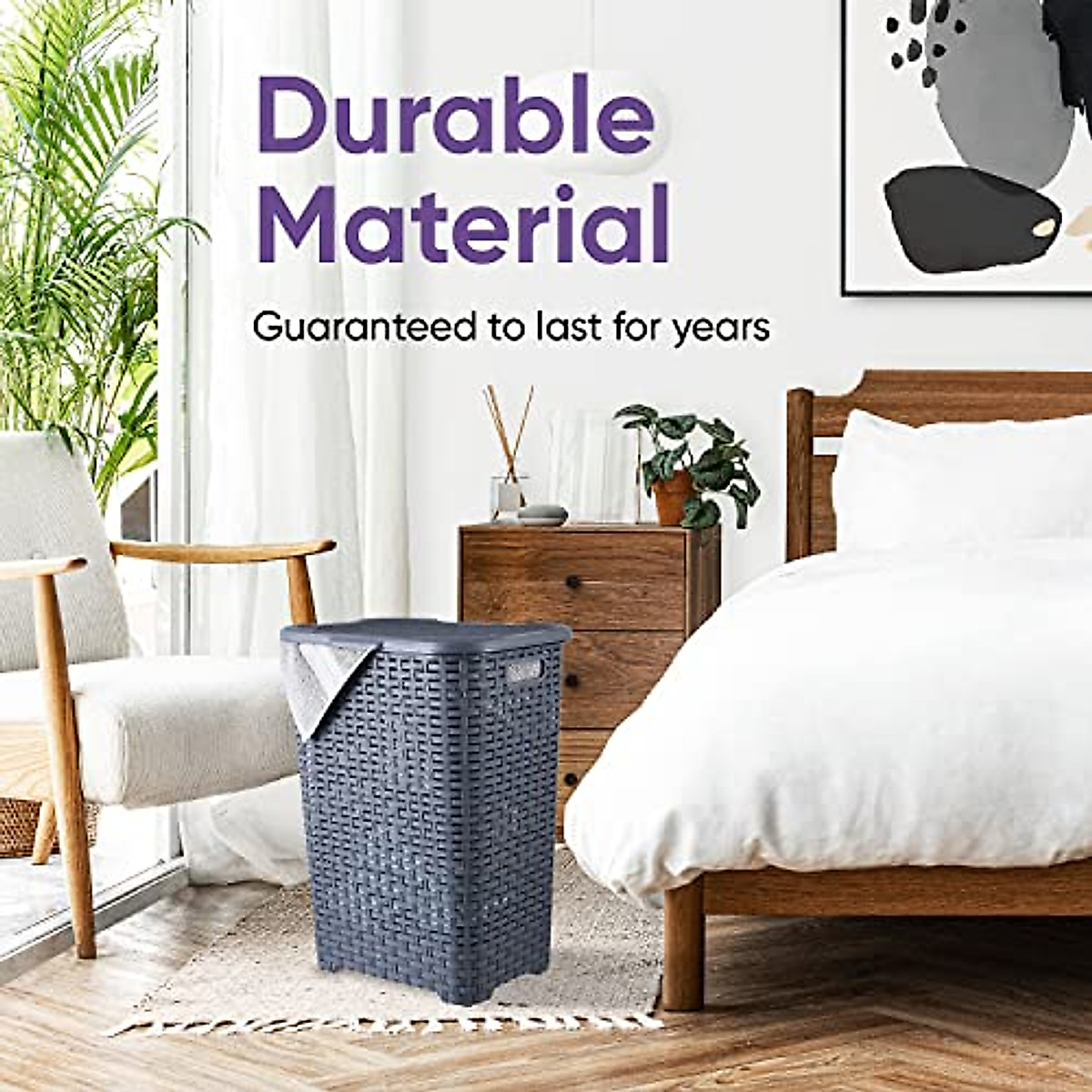 Plastic Laundry Hamper with Lid Laundry Hamper Basket, Grey 2 Pack Tall Cloths Hamper Organizer with Cut-out Handles. Space Saving for Laundry Room Bedroom Bathroom, Wicker Design 60 Liter