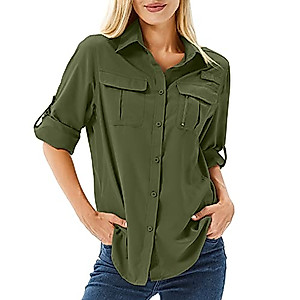 Toumett Women's UPF 50 Long Sleeve UV Sun Protection Safari Shirts Outdoor Quick Dry Fishing Hiking Travel Shirts(Amy Green,M,5071)