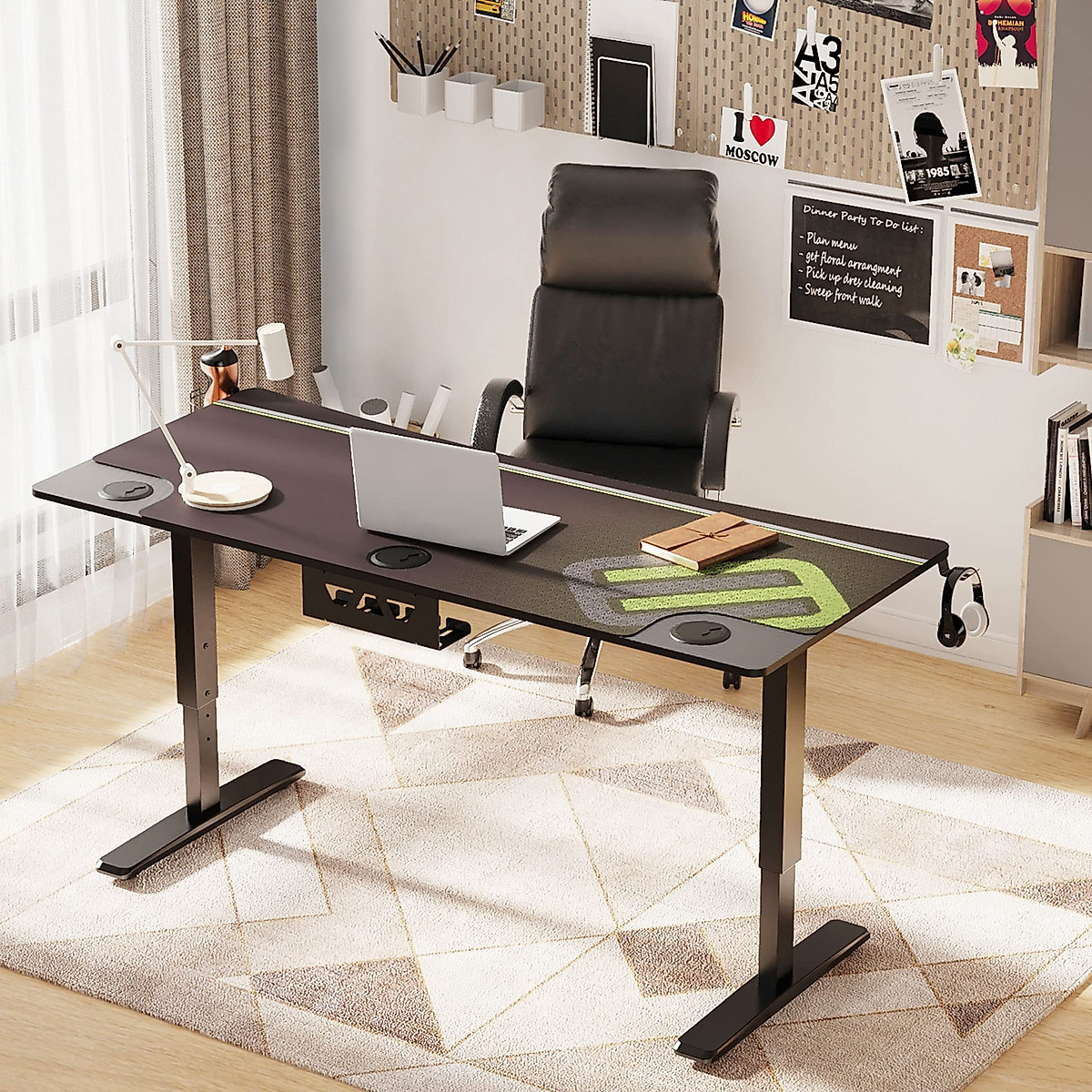 It's_Organized 63 Inch Large Height Adjustable Gaming Desk, Black Home Office PC Computer Manual Standing Curved Edge Table Gamer Workstation with Handle Rack Cup Holder Headphone Hooks Full Mouse Pad