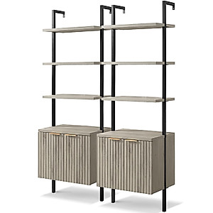 OAKHAM HOME Oxford Bookshelf, Ladder 5 Tier Open Bookshelf, Tall Book Shelf with Cabinet, Wall Mount Bookshelves with Display Rack, Bookcase with Shelves for Bedroom, Living Room, Grey Oak 2 Piece