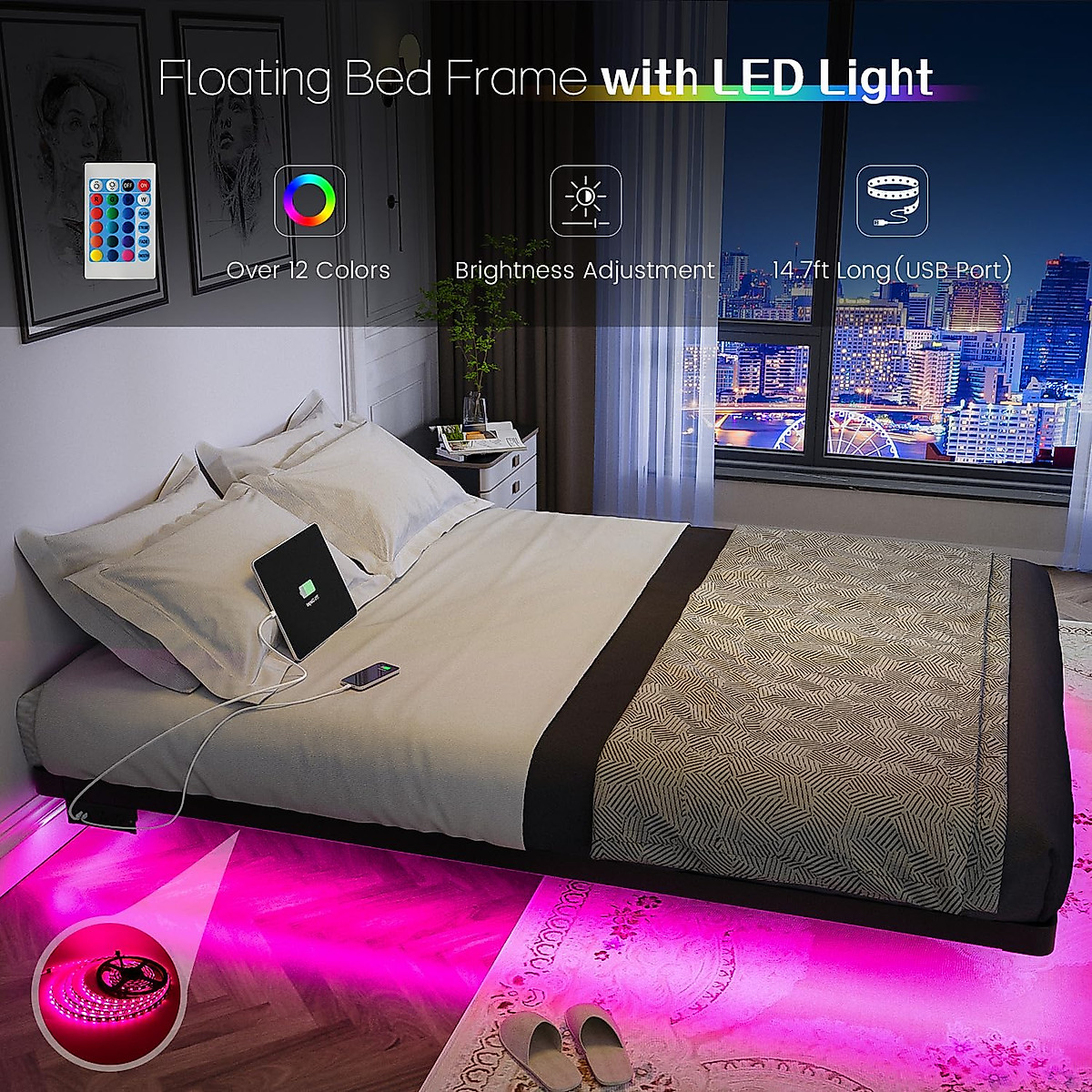 OLEVS Floating Bed Frame Queen Size with Smart LED Lights and Charging Station - Modern Metal Platform Bed, Easy Assembly No Box Spring Needed
