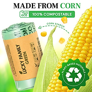 Lucky Family Green Compost Bags for Kitchen Countertop Bin -1.3 gallon trash bags to 1.6 Gallon trash bags - 100% Compostable Trash Bags for Food Waste, Organic Biodegradable Bags