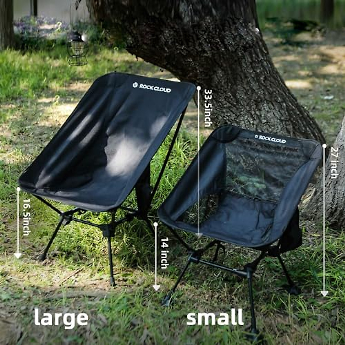 ROCK CLOUD 2 Pack Portable Compact Camping Chair Ultralight Folding Chairs Outdoor Lrage-Size for Camp Hiking Backpacking Lawn Beach Sports, Two-Heights Adjustable (Black-Large)