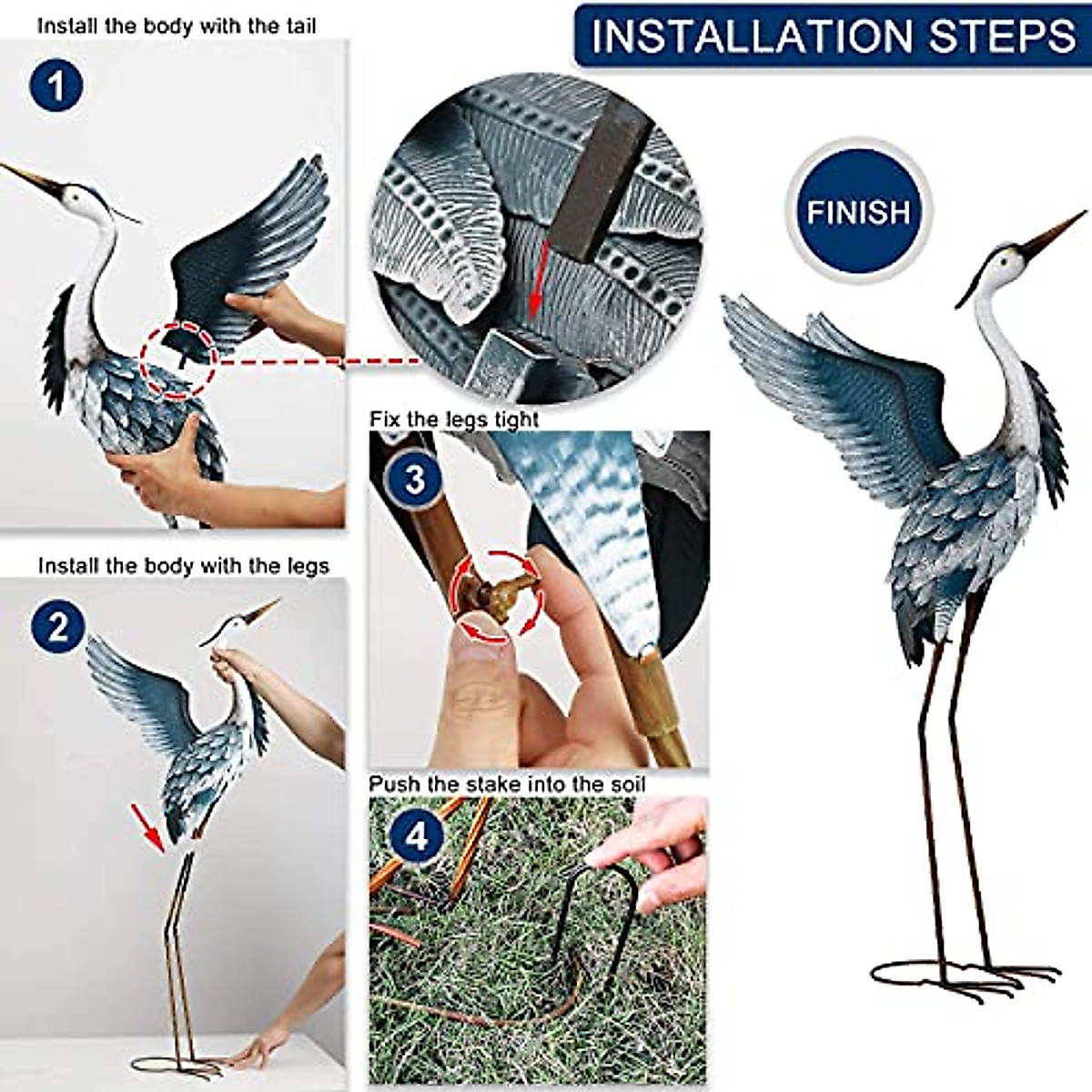 TERESA'S COLLECTIONS 3 Metal Blue Heron Garden Statues, Cranes Decor Animal Family Bird Art Lawn Ornaments for Outdoor Patio Yard Outside Decorations