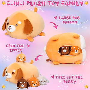Zakeml 5PCS Cute Corgi Dog Plush Pillow, 15'' Corgi Plush Stuffed Animal with 4 Baby Corgi Plushies, Soft Dog Plush Sleeping Pillow Doll Toy Christmas Birthday for Kids Girlfriend Room Decor
