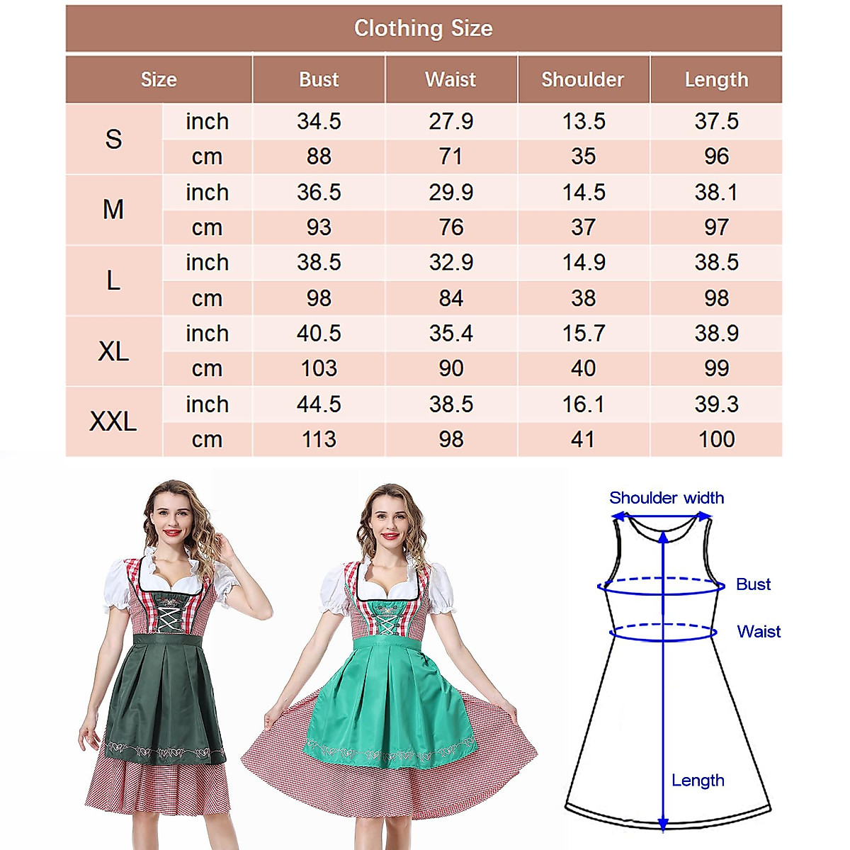 VISVIC Oktoberfest Costumes Women Dirndl Dresses 2 Pieces, Women's Oktoberfest Dress German Dirndl Dress Costumes for Bavarian Oktoberfest Carnival Halloween