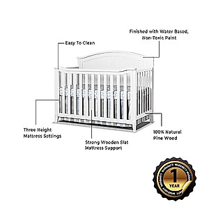 Sorelle Furniture Fairview Crib, Classic 4-in-1 Convertible Crib, Made of Wood, Non-Toxic Finish, Wooden Baby Bed, Toddler Bed, Child’s Daybed and Full-Size Bed, Nursery Furniture -White