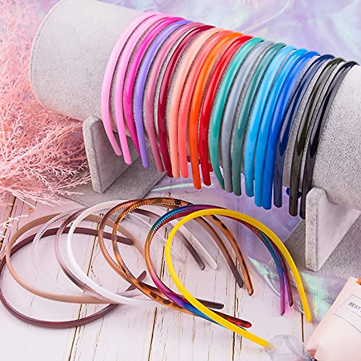 Duufin 30 Pieces Plastic Headbands, Thin Plain Plastic Headband with Teeth, Colorful Plain Headbands 0.8cm, for Girls and Women, 30 Colors