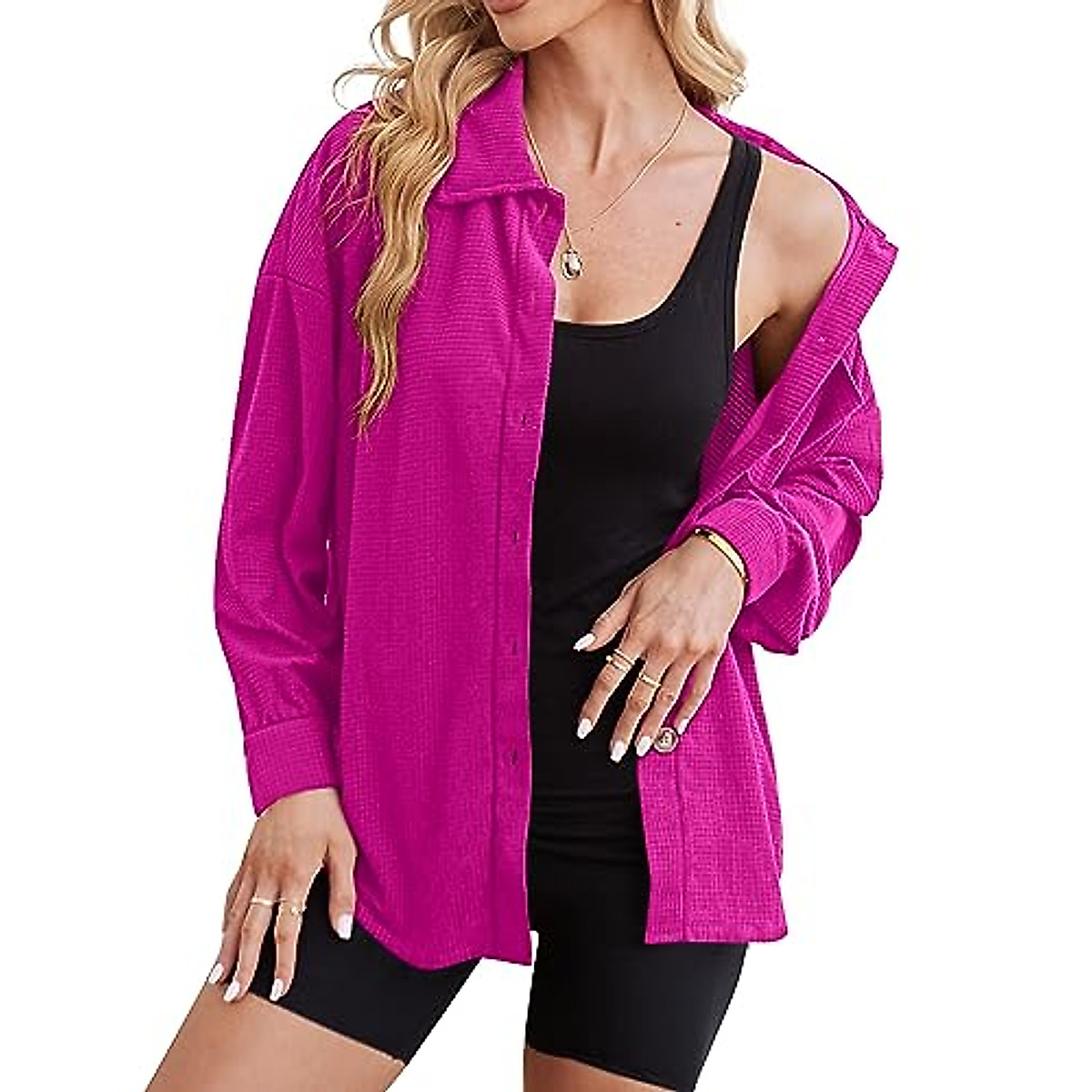 WIHOLL Womens Button Up Maternity Heavy Shirts Hot Pink Fall 2023 Outfits - Long Sleeve Tops Plus Size Jacket Fashion Barbie Clothes Office Casual Blouses XXL