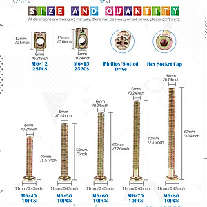 Glarks 100Pcs Zinc Plated M6 x 40/50/60/70/80mm Hex Socket Head Cap Screws Bolts Furniture Crib Bolts with Barrel Nuts Assortment Kit