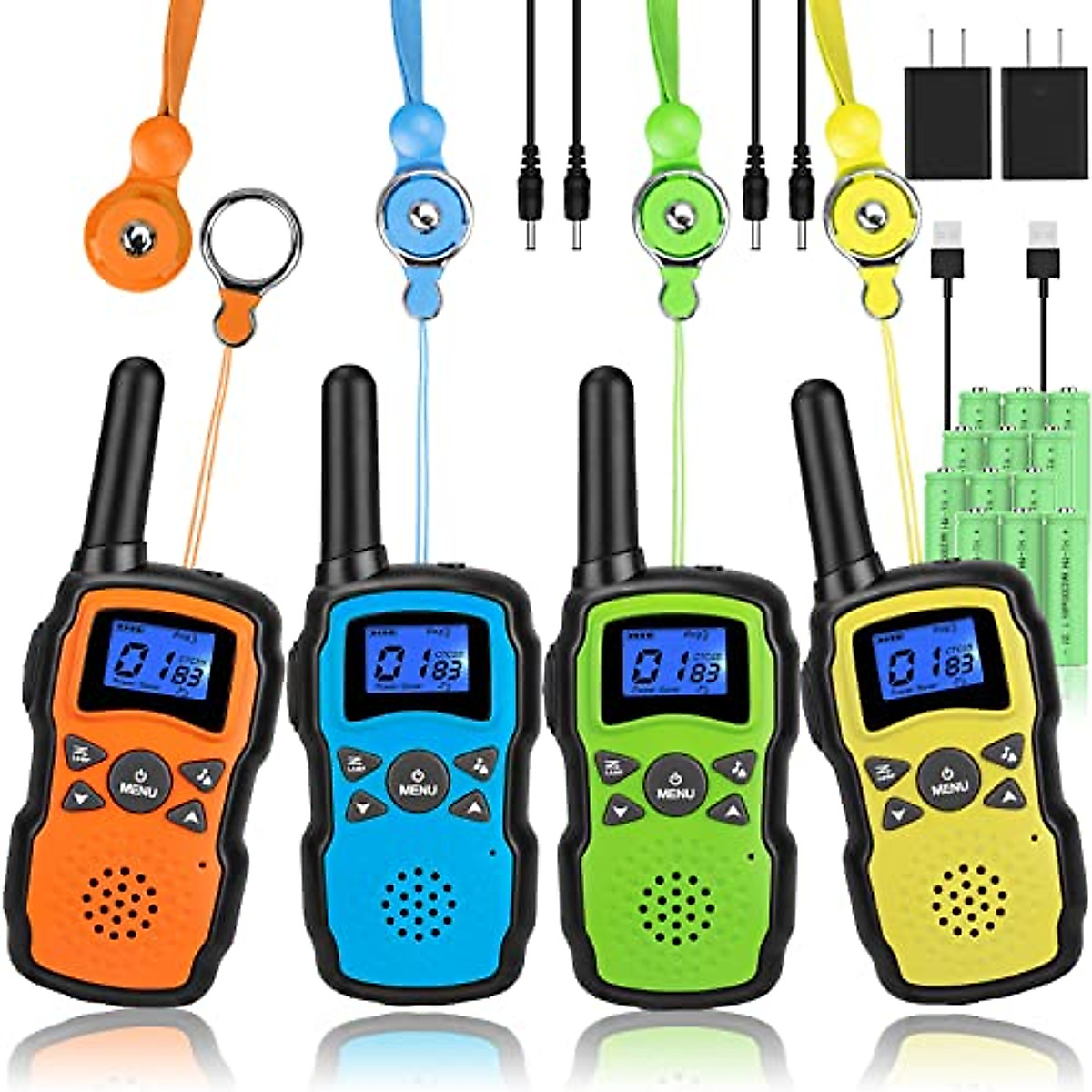 Wishouse Walkie Talkies for Kids Adults Rechargeable 4 Sets with 2 USB Chargers|4X3000mAh Batteries|Lanyards|Family Walky Talky Long Range for Hiking Camping|Xmas Birthday Gift|Boys Girls Present