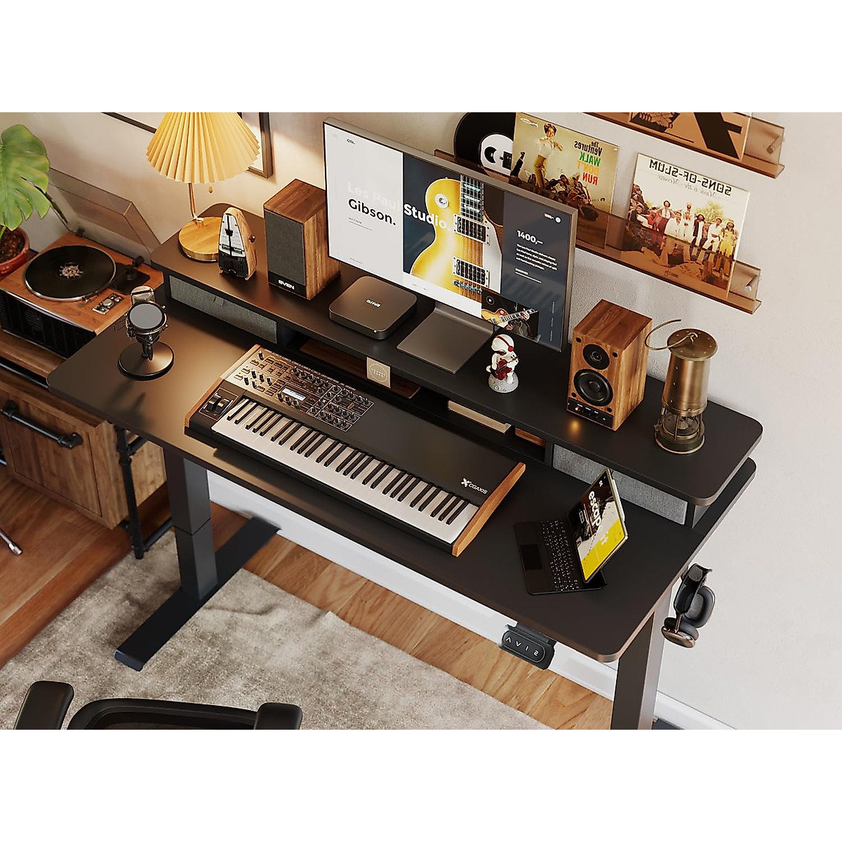 BANTI 55x24 Inch Electric Standing Desk with Double Drawers, Adjustable Height Stand Up Desk, Sit Stand Home Office Desk with Storage Shelf, Black Top