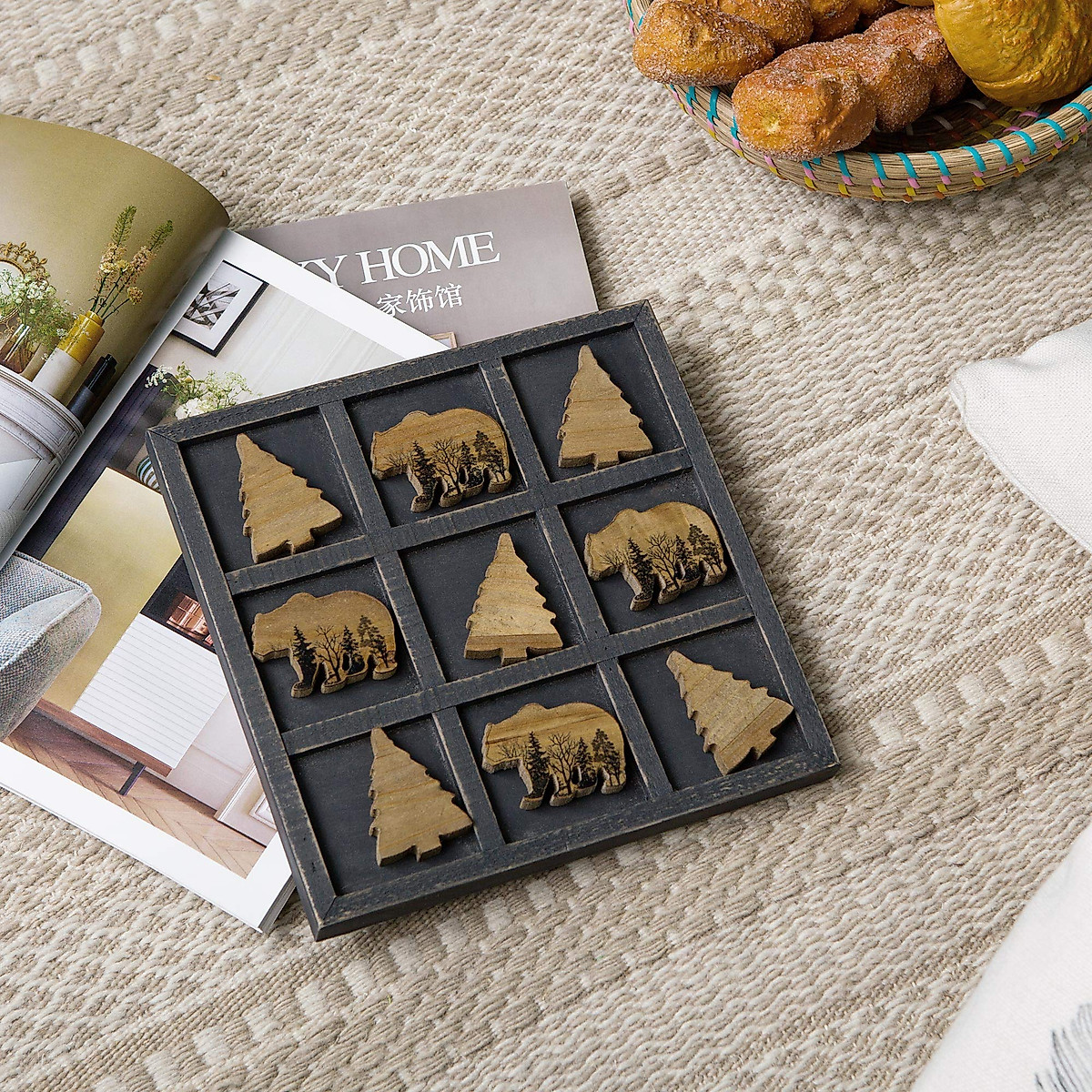 NIKKY HOME Cute Bear Decorative Wooden Board Travel Game Tic Tac Toe for Fun