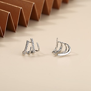 Fansilver 925 Sterling Silver Claw Earrings Cubic Zirconia 14K Gold Plated Cuff Earrings Triple Huggie Illusion Stud Earrings Ear Cuffs Earrings for Women Trendy, Silver