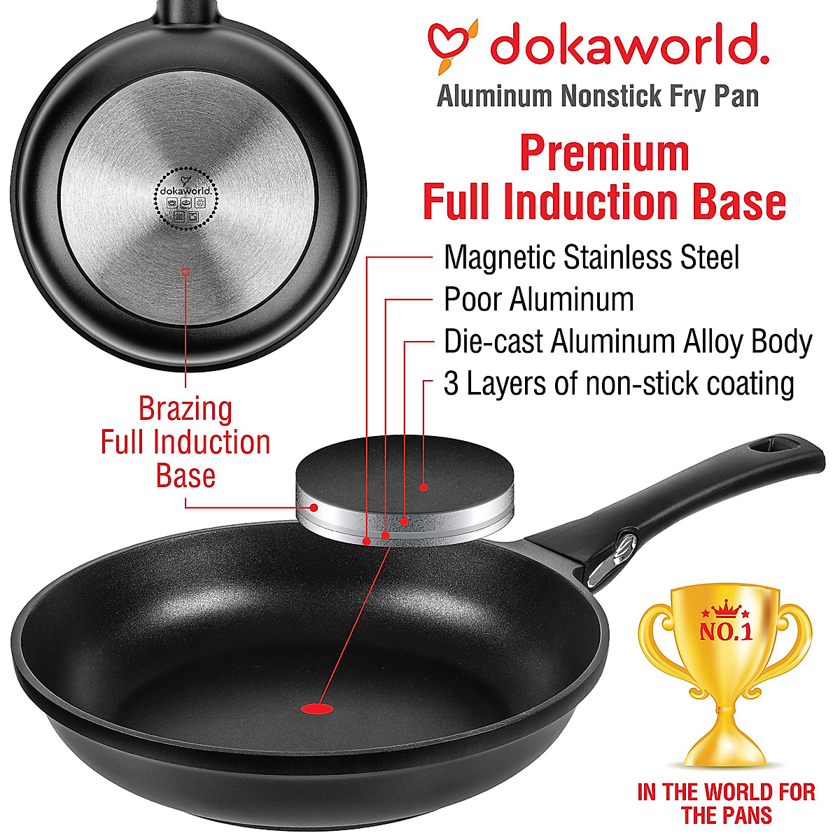 dokaworld Frying Pan Nonstick 11 inch - Big Frying Pan - Induction Frying Pan Detachable Handle - Large Nonstick Fry Pan - Large Skillet Fry Pan - Nonstick Pan - Aluminum Stir Fry Pan