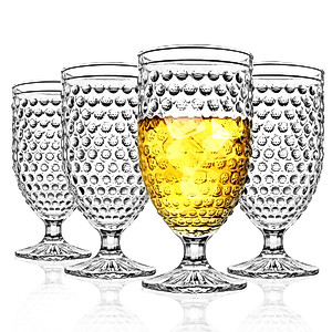 Wongblee Hobnail Glass Goblets 16.9 Oz, Stemmed Wine Glasses, Vintage Drinking Glasses for Water, Juice, Ice Tea, Set of 4 (Clear)