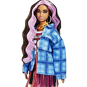 Barbie Extra Doll and Accessories with Pink-Streaked Crimped Hair in Jersey Dress with Pet Corgi
