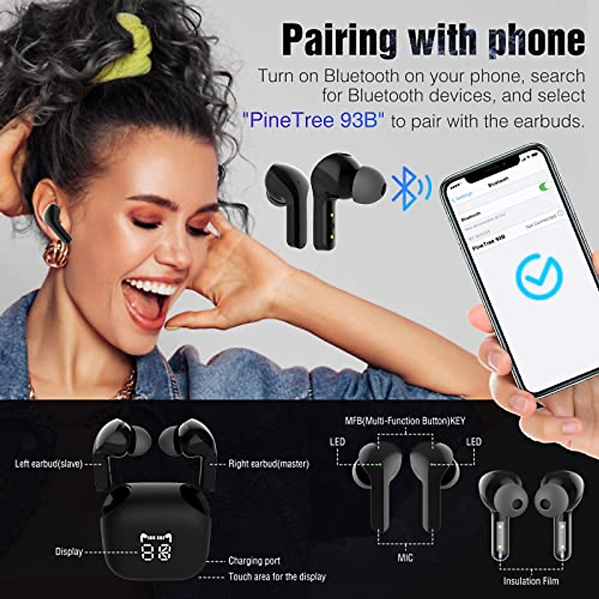 Pinetree True Wireless Earbuds, Bluetooth 5.0 Headphones, Noise Cancelling Crystal Clear Sound, in-Ear Stereo Earphones 100 Hours Long Battery time,Superior Headphones (Black)