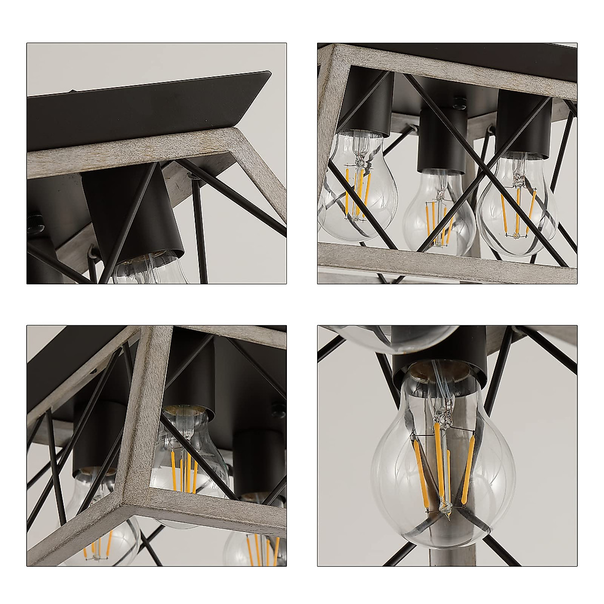 Q&S Farmhouse Ceiling Light OAK Semi Flush Mount Vintage 4-Light Square Rustic Island Light Fixtures for Entryway Hallway Dining Room Living Room Bedroom