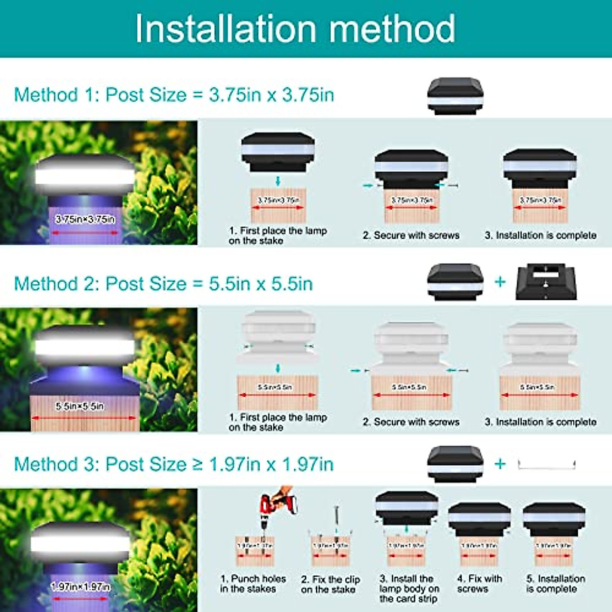 FVTLED Solar Post Lights, Outdoor Solar Post Cap Light Fits 4x4, 6x6 Wooden Posts, IP65 Waterproof High Brightness Cool White 6000K LED Post Lights for Patio Fence Deck Garden, 2 Pack (Black)