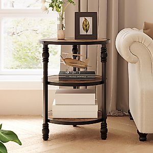 IDEALHOUSE Round End Table, Small Side Table with 3 Shelves for Living Room, Bedroom, Night Stand Accent Coffee Table with Steel Frame for Small Spaces, Rustic Brown