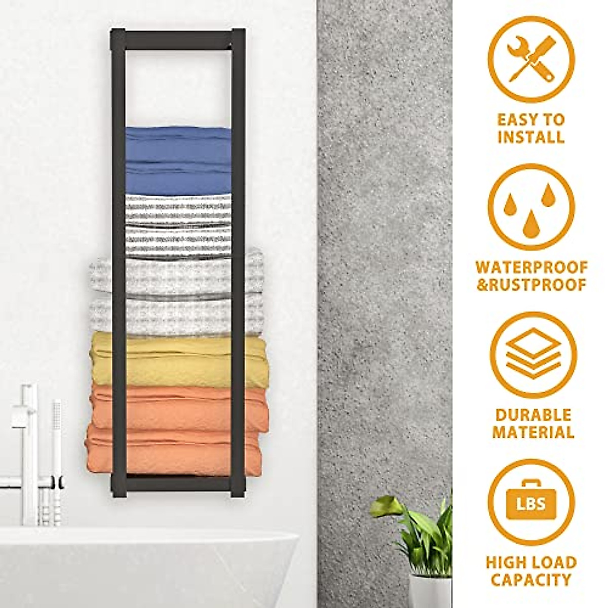 YEMUNY Towel Rack Wall Mounted, Bathroom Towel Holder with Mesh Shelf and 4 Hooks, Metal Towel Storage Organizer Wall can Holds up to 7 Large Size (54 x27 Inch) Rolled Towels, Black