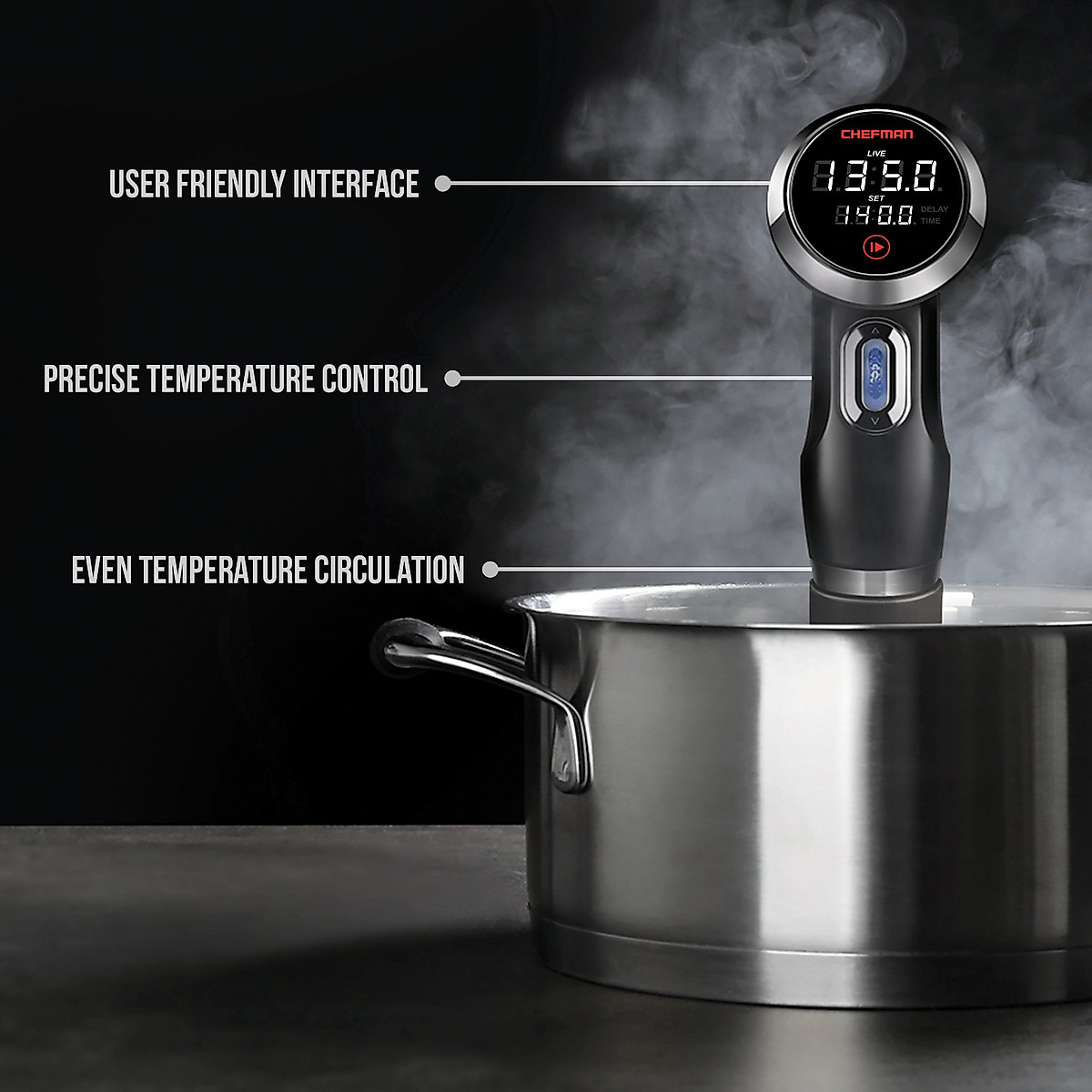 Chefman Sous Vide Immersion Circulator w/ Precise Temperature, Programmable Digital Touch Screen Display and Easy to Use Controls, Black