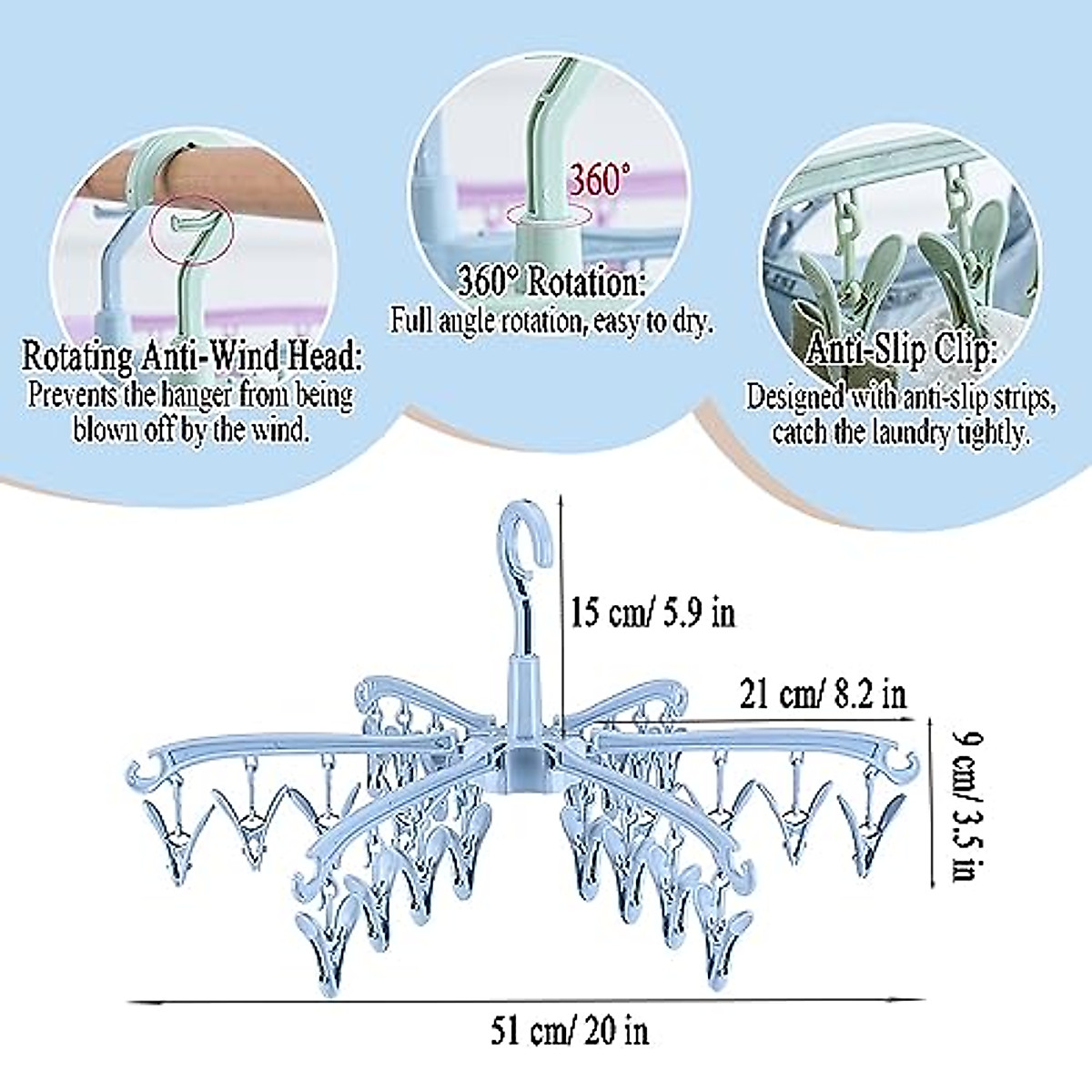 BONYCUST Foldable Drying Rack with 24 Clips for Drying Socks Lingerie Baby Clothes Drying Towels Rotatable Sock Drying Rack