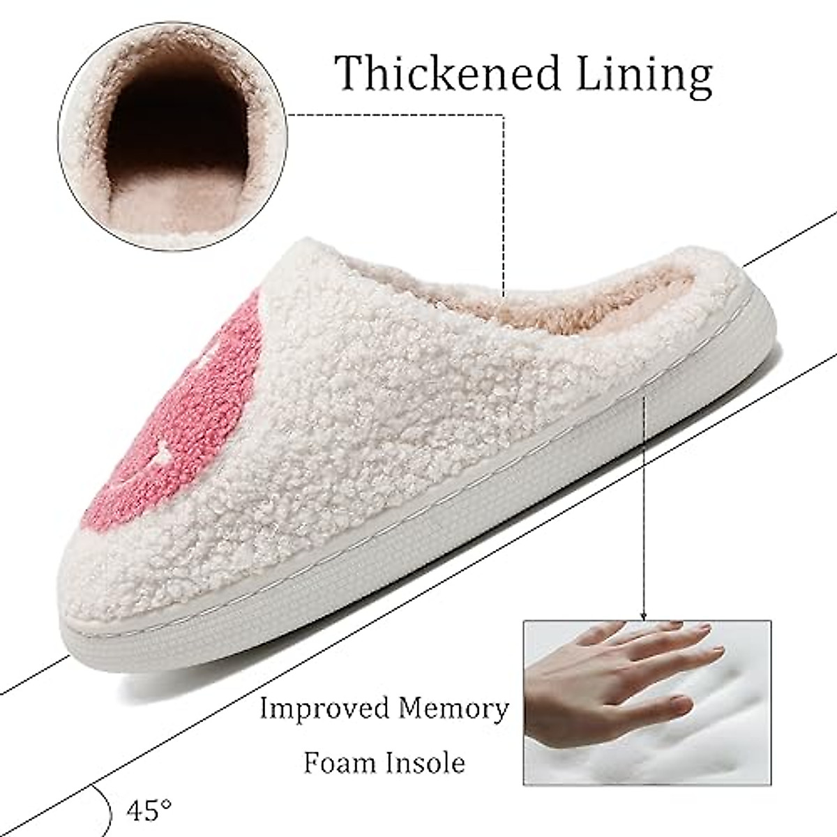 TJJDRYSR Slippers for Women Indoor,Unisex House Shoes with Faux Fur Lining,Smile Face Slippers Memory Foam Mens Slippers Warm Plush Bedroom Shoes(Pink 42/43)