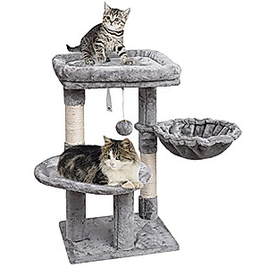 SYANDLVY Small Cat Tree for Indoor Cats, Modern Cat Tower with Scratching Post for Kittens, Climbing Stand with Basket & Hanging Ball for Play Rest