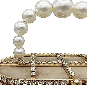 DDQYYSPP Synthetic Pearl Top-Handle Women Metal Bucket Bag Crystal Evening Purses and Clutches Formal Wedding Handbags