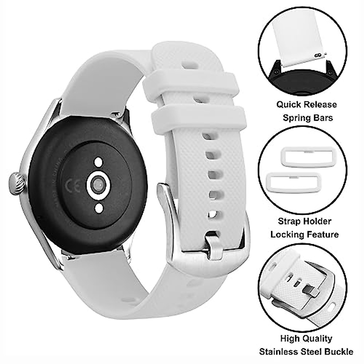 Anbeer Silicone Watch Band 20mm Quick Release Rubber Watch Straps for Men Women,White with Silver Stainless Steel Buckle