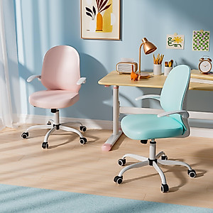 Kids Desk Chair with Arms and Wheels, Pink Ergonomic Leather Comfy Office Chair with Flipping Armrests, Study Chair for Girls and Boys, Small and Cute Adjustable Height Computer Desk Chair