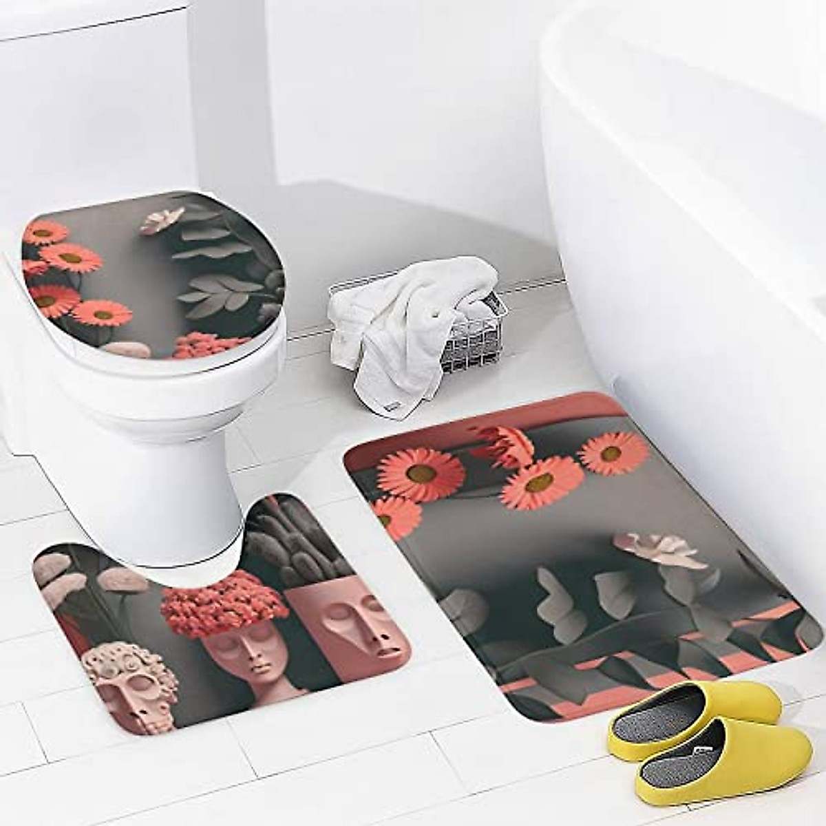 YSINOBEAR Orange Series Shower Curtain Sets with Non-Slip Rug,Toilet Lid Cover and Bath Mat,Orange Flower Shower Curtain Sets with 12 Hooks,Durable Waterproof Shower Curtain.