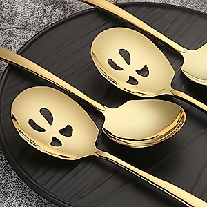 Stainless Steel Serving Spoon x 3, Slotted Serving Spoon x 3, 9.14 Inches Large Serving Utensils Set of 6 for Catering, Dishwasher Safe (Gold)