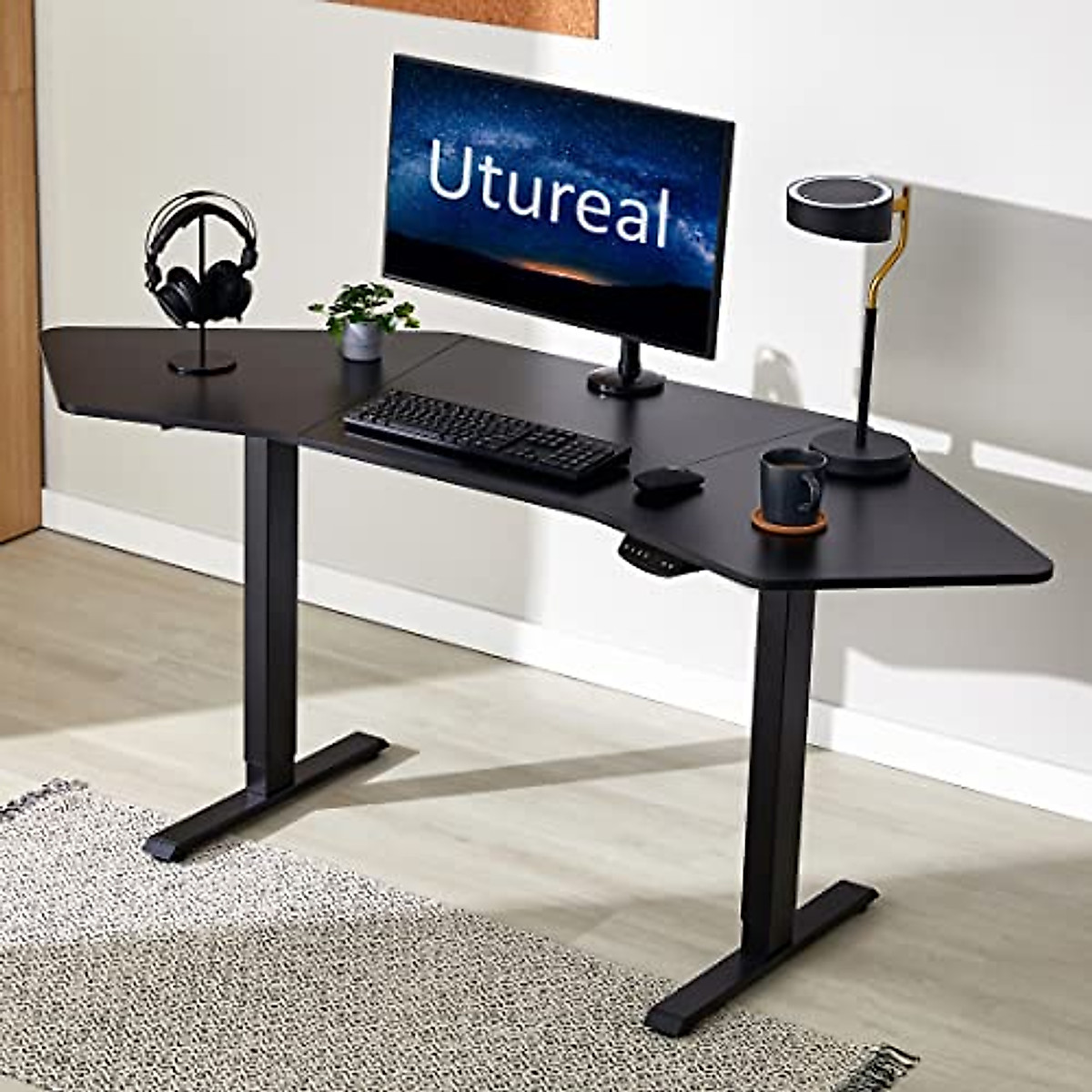 Utureal 71" Electirc Standing Desk, Wing Shaped Dual Motor Adjustable Height Desk, Motorized L Shape Stand Up Gaming Desk, Large Sit Stand Computer Desk for Home Office, Black Table Top and Frame