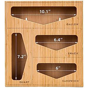Bamboo Ziplock Bag Organizer 4 in 1 Food Storage Bag organizer Holder Box Compatible Gallon Quart Snack Slider Plastic Sandwich Bag Dispenser for Drawer Cupboard Hanging on Wall Baggie Container
