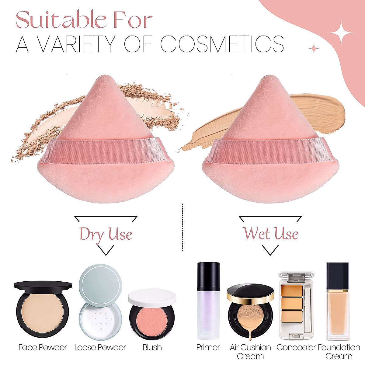 MOTZU 12 Pieces Pure Cotton Powder Puff, Made of Cotton Velour in Triangle Wedge Shape Designed for Contouring, Under Eyes and Corners, 2.76 inch Normal Size, with Strap, Makeup Tool For Cosmetic